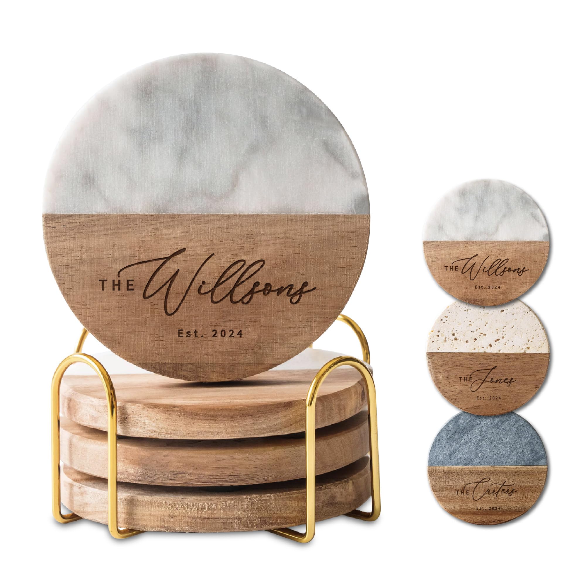 Amazon.com: Custom Vibes Luxury Marble and Wood Coasters Set of 4 with ...