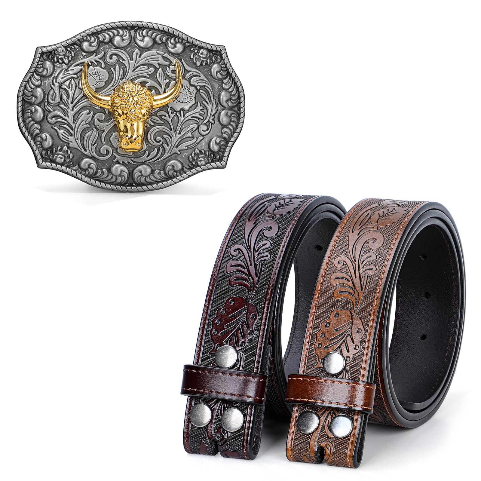 Amazon.com: SANSTHS Cowboy Belts for Women Men, 1 Bull Belt Buckle & 2 ...
