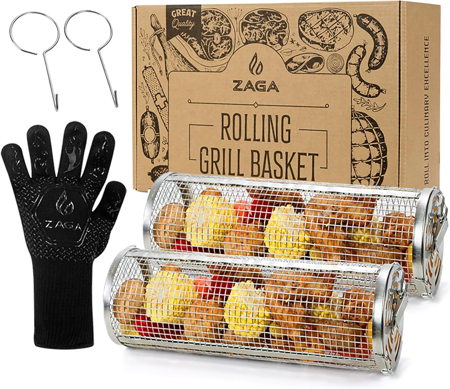 Amazon.com: ZAGA Rolling Grill Baskets for Outdoor Grilling 2 Pcs Set ...