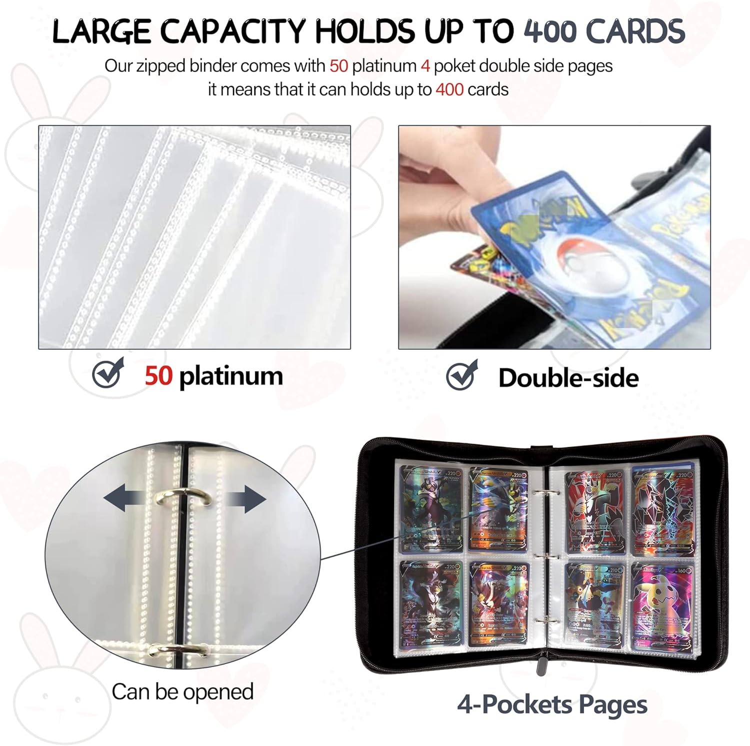 For Pokemon Cards Binder 4-Pocket, 400 Trading Card Binder with Sleeves ...
