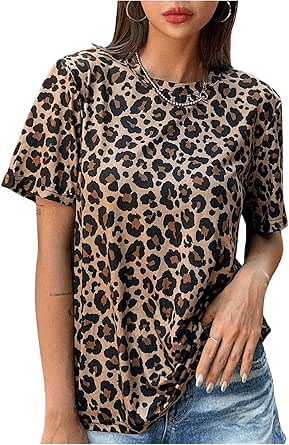 WDIRARA Women's Leopard Print T Shirt Crew Neck Short Sleeve Tee Loose ...