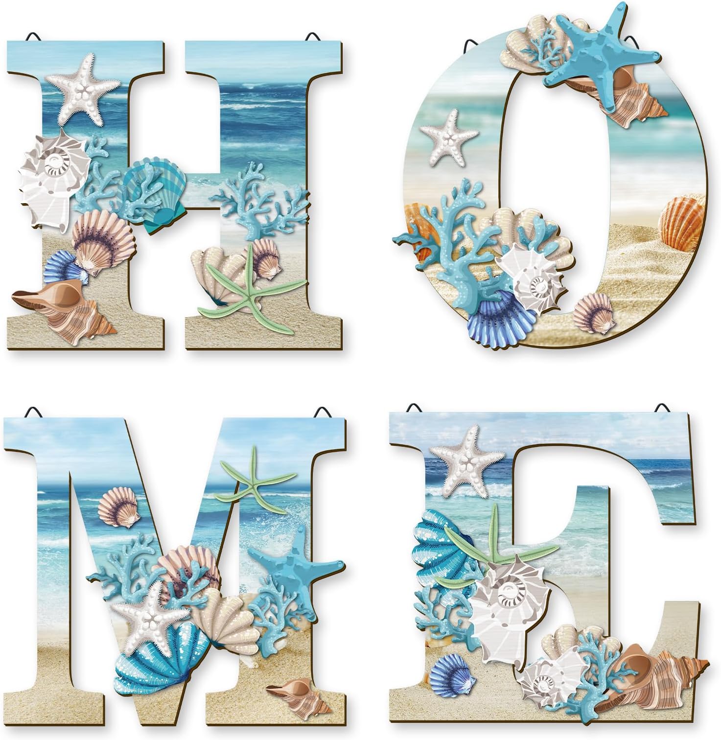 Amazon.com: 4 Pcs Wood Home Signs - Coastal Beach Style Signs With Blue ...