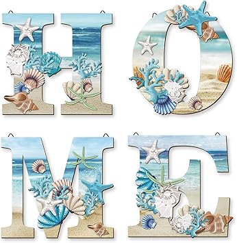 Amazon.com: 4 Pcs Wood Home Signs - Coastal Beach Style Signs With Blue ...