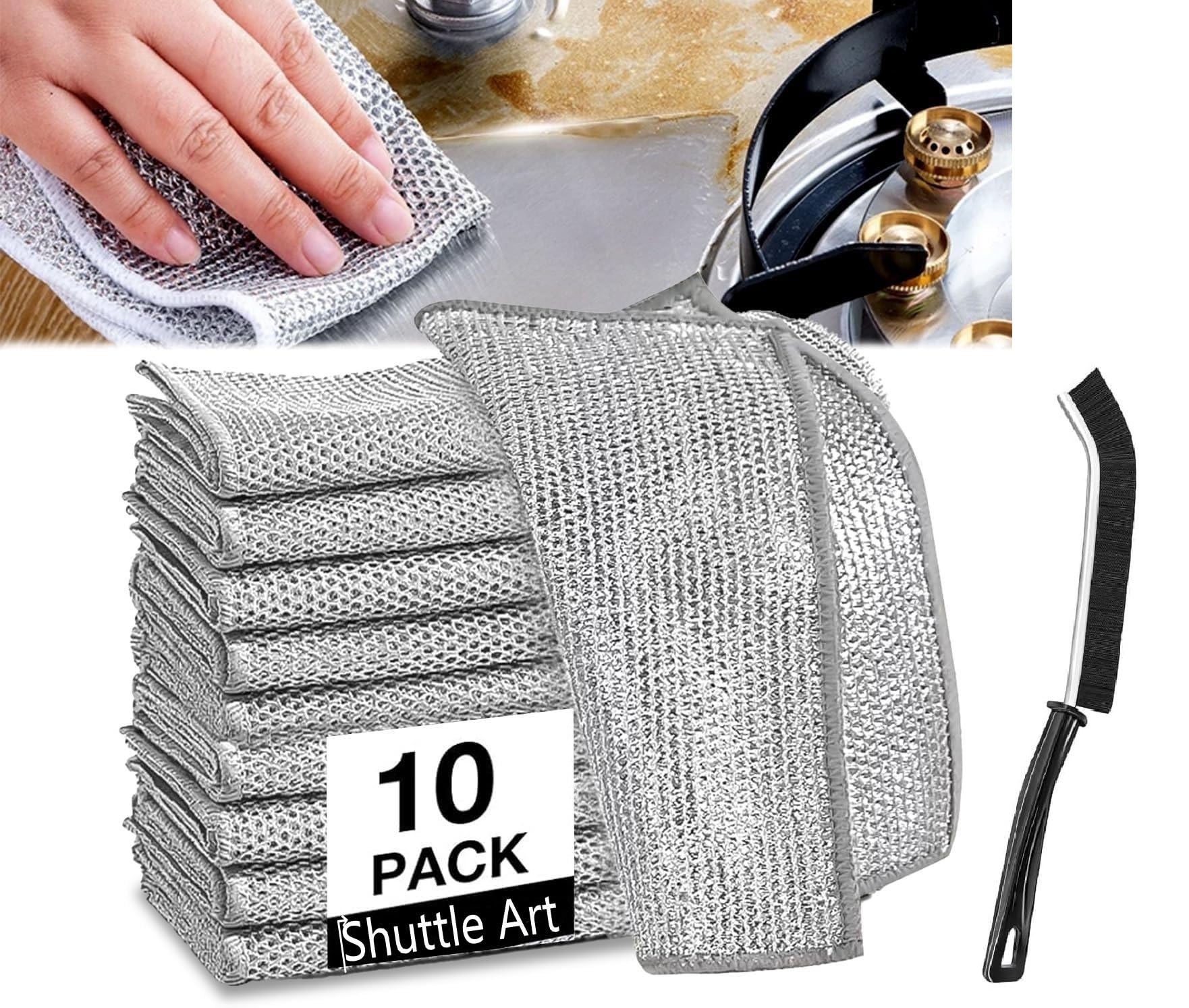 SHUTTLE ART Pack of 10 Non-Scratch Wire Dishcloth & Gaps Cleaning Brush ...