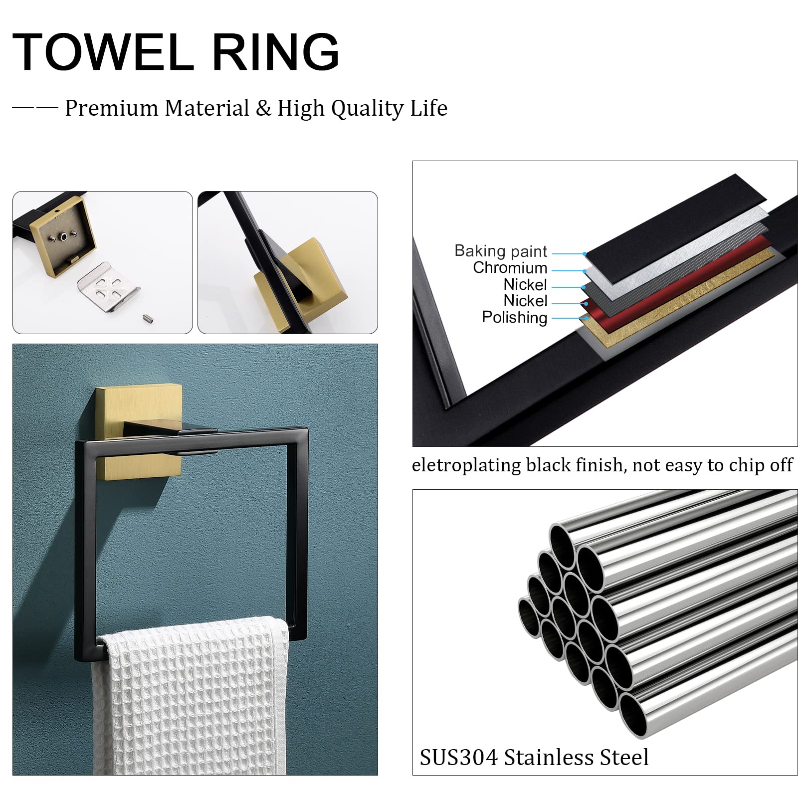 Snapklik.com : TNOMS Black And Gold Towel Ring Modern Square Hand Towel Bar