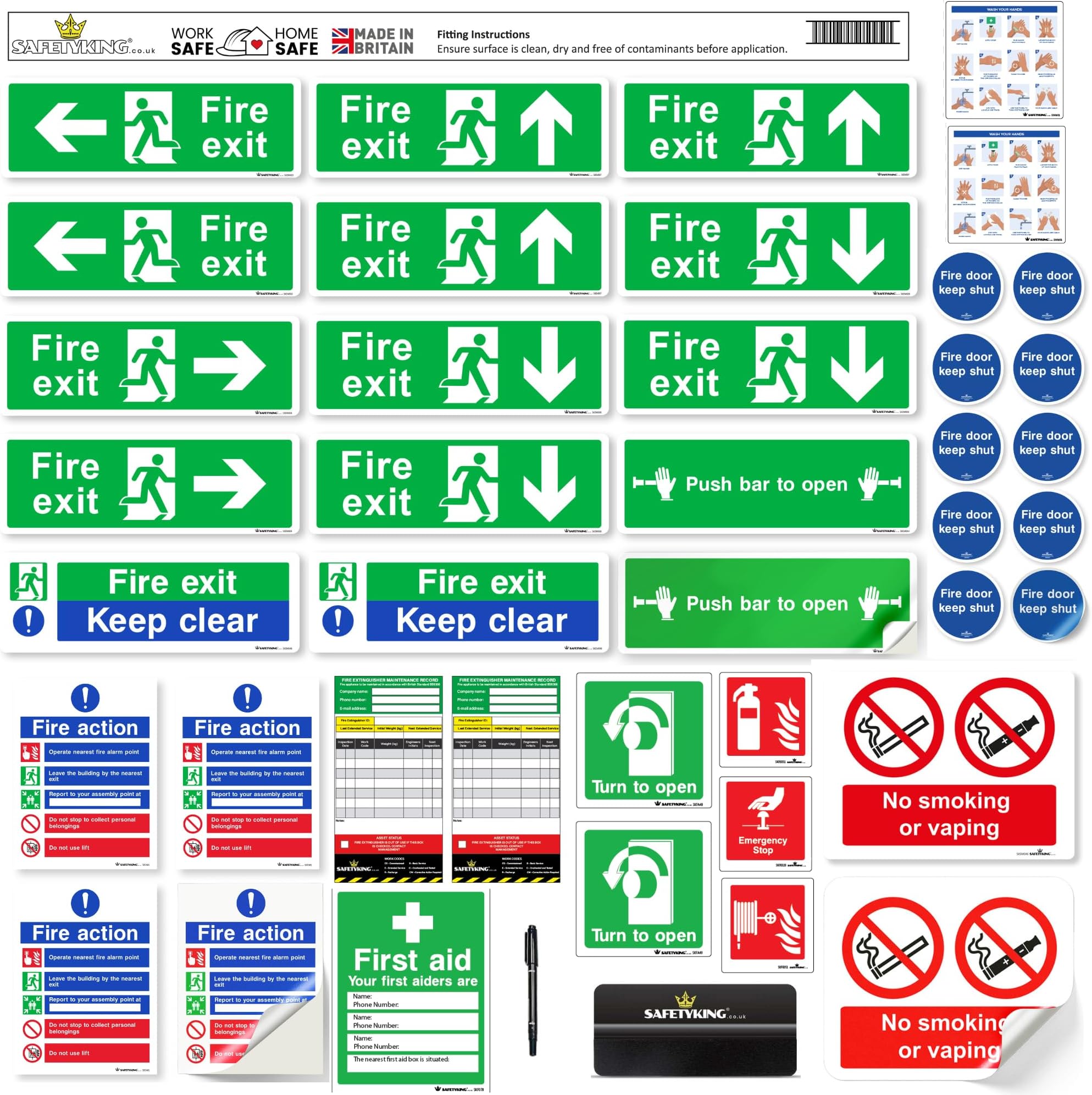 SAFETYKING® 33-Piece Fire Safety Signage Kit | Self-Adhesive Fire Exit ...