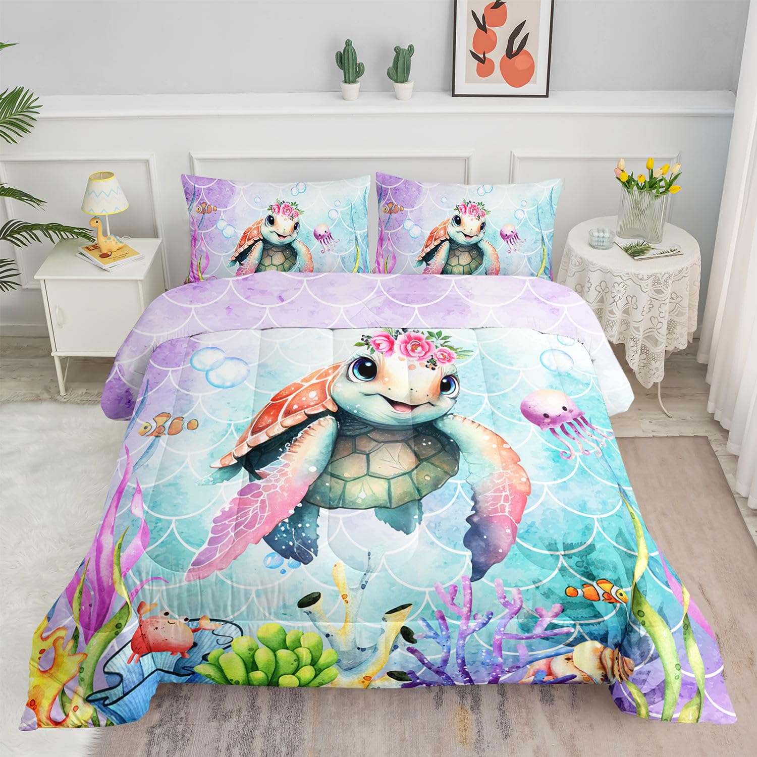 Amazon.com: Smell Sunshine Cartoon Sea Turtle Comforter Set Mermaid ...