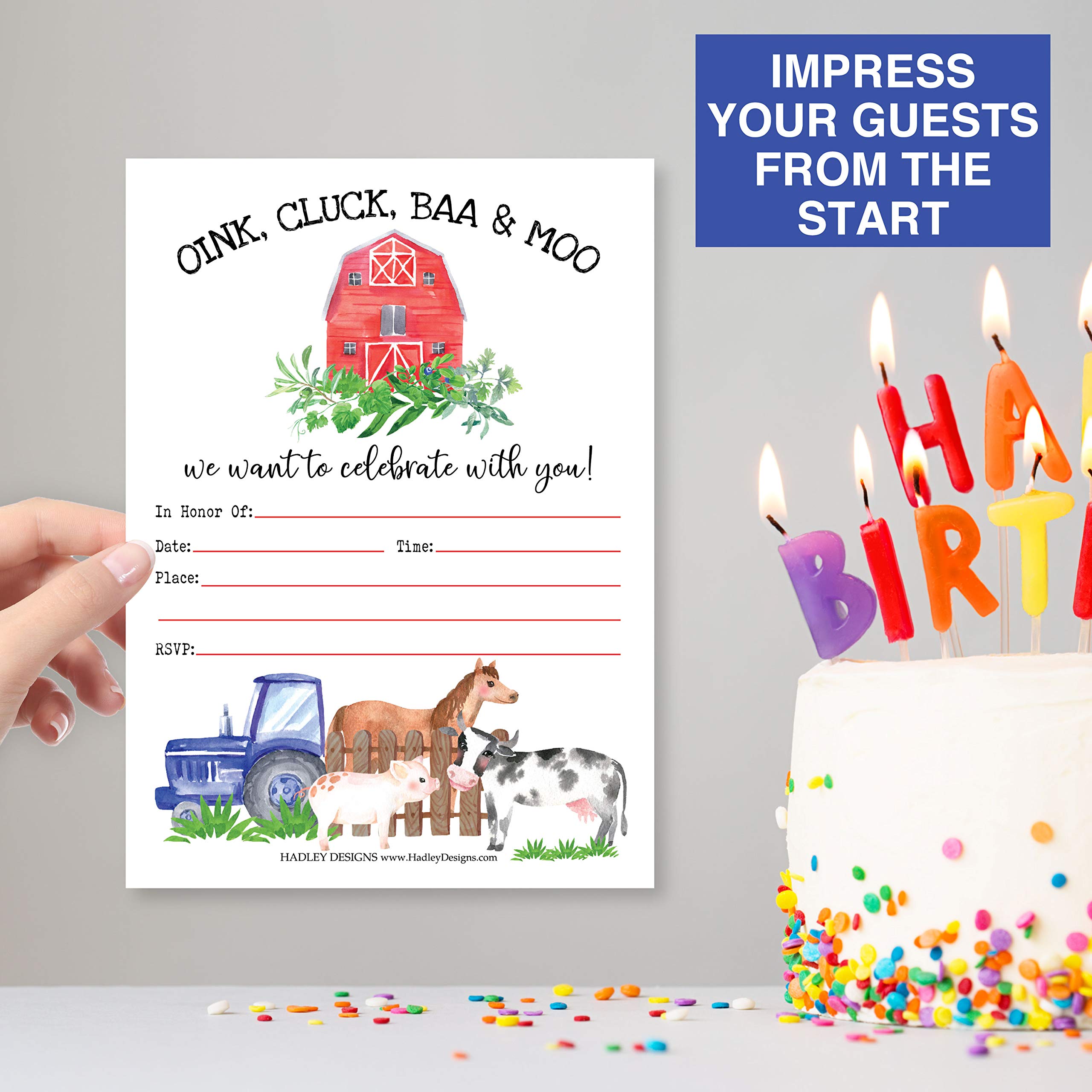 Hadley Designs 25 Watercolor Farm Barnyard Birthday Party Invitations ...
