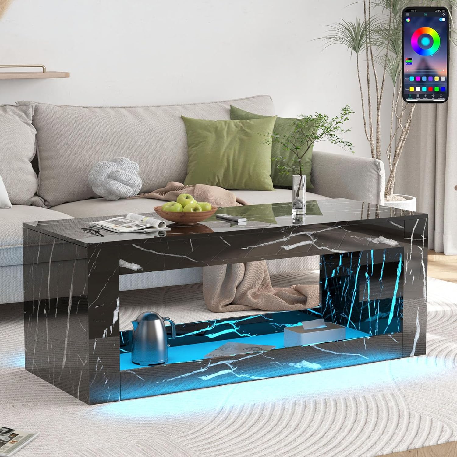 Amazon.com: 47.3IN Modern LED Coffee Table, Black/White Coffee Table ...