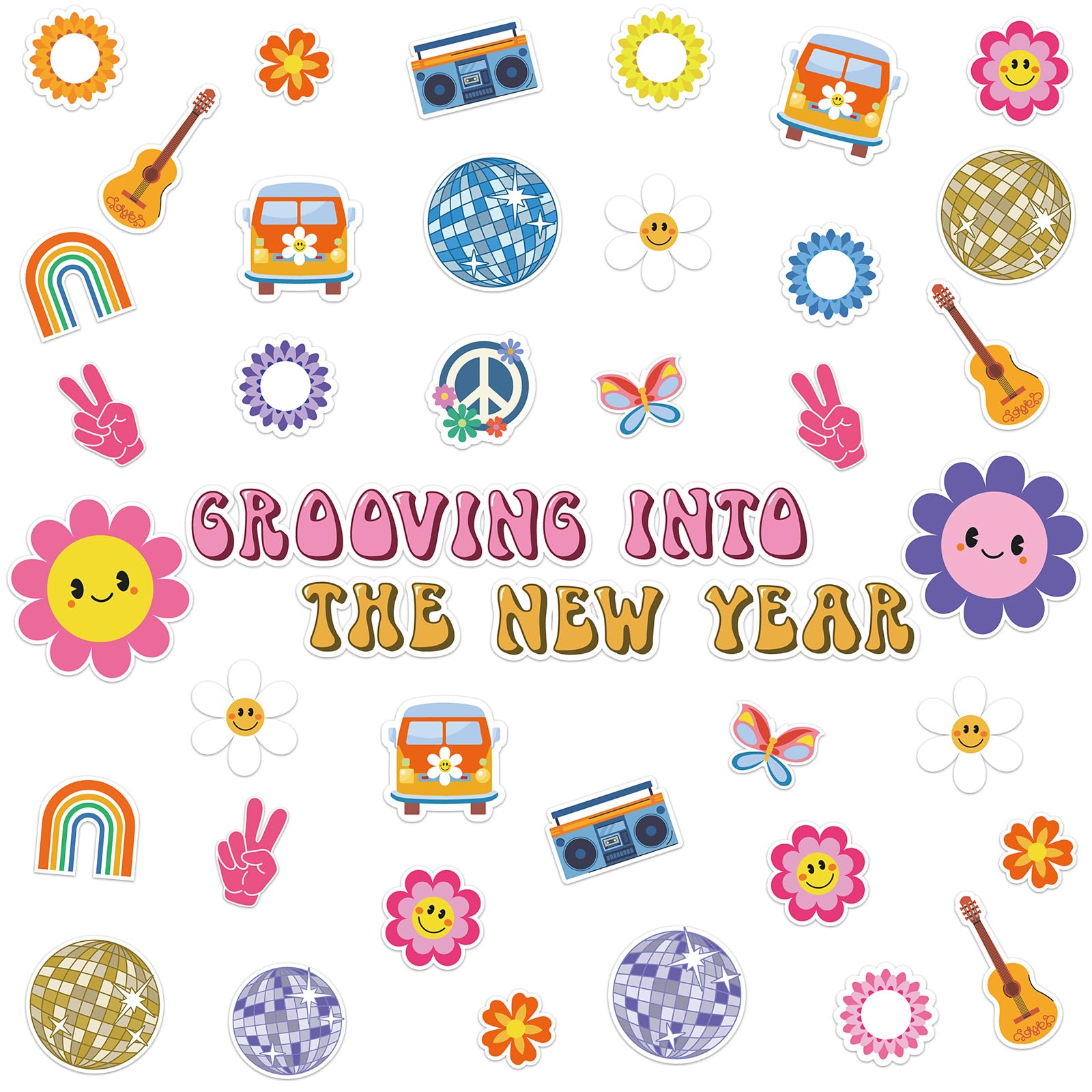 Amazon.com: Mooliwe 2025 New Year Bulletin Board Decorations Set Groovy ...