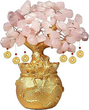 Rose Quartz Money Tree – Feng Shui Love & Wealth Golden Bag Bonsai ...