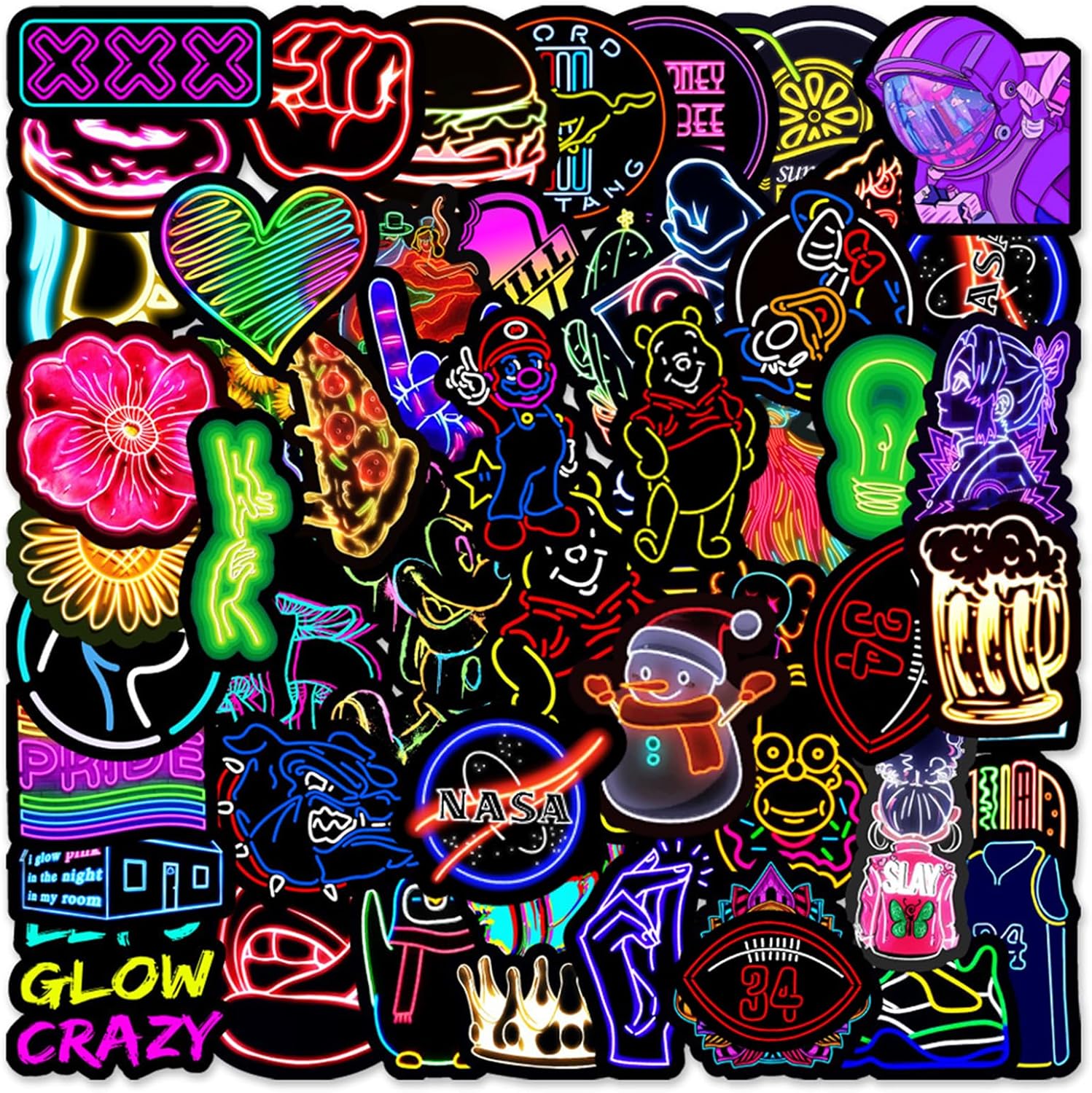 Amazon.com: Astrorhine Neon Stickers 100 Pcs Sticker Pack Water Bottle ...