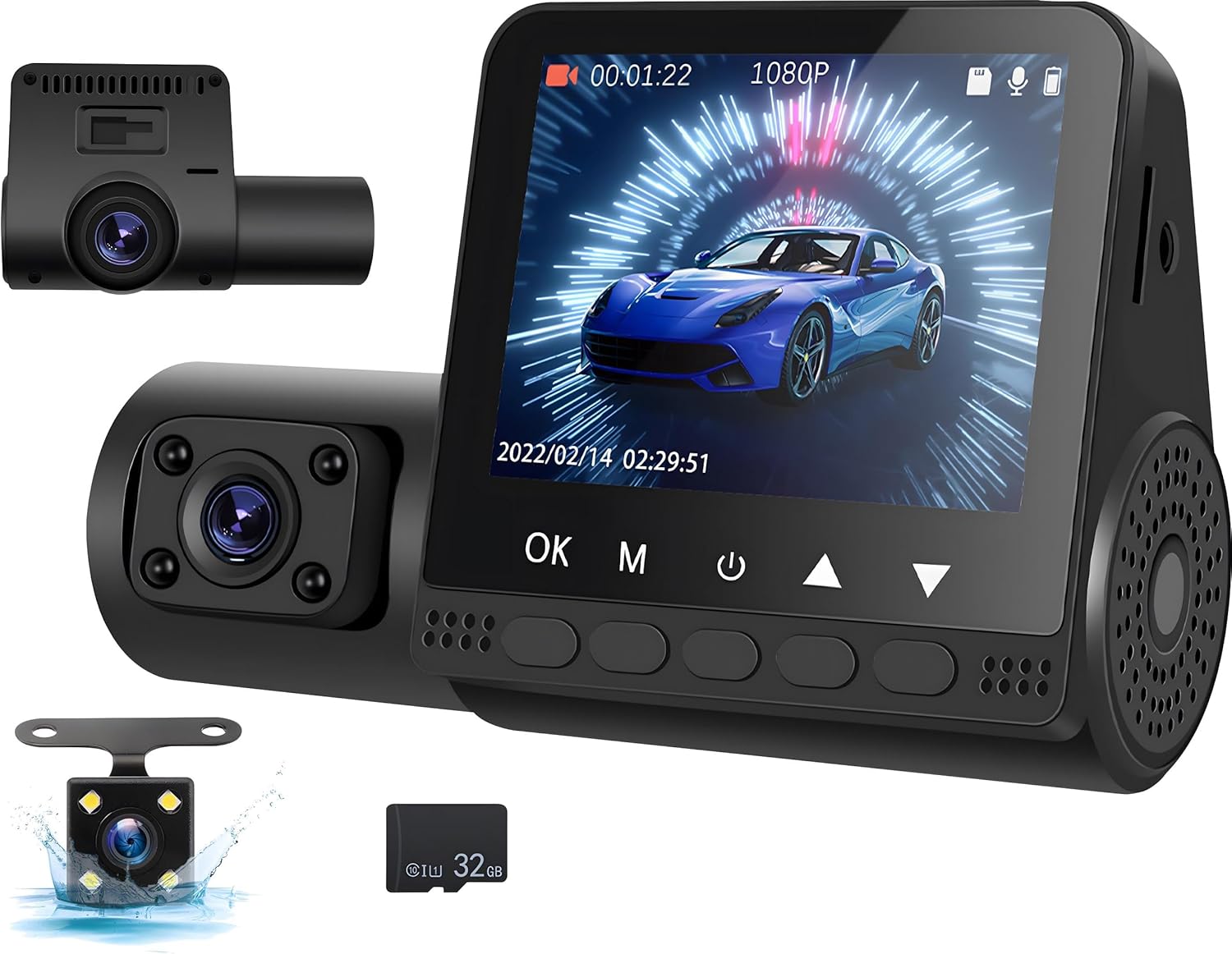 CAMECHO 3 Channel Dash Cam Front and Rear Inside 1080P Full HD Triple ...