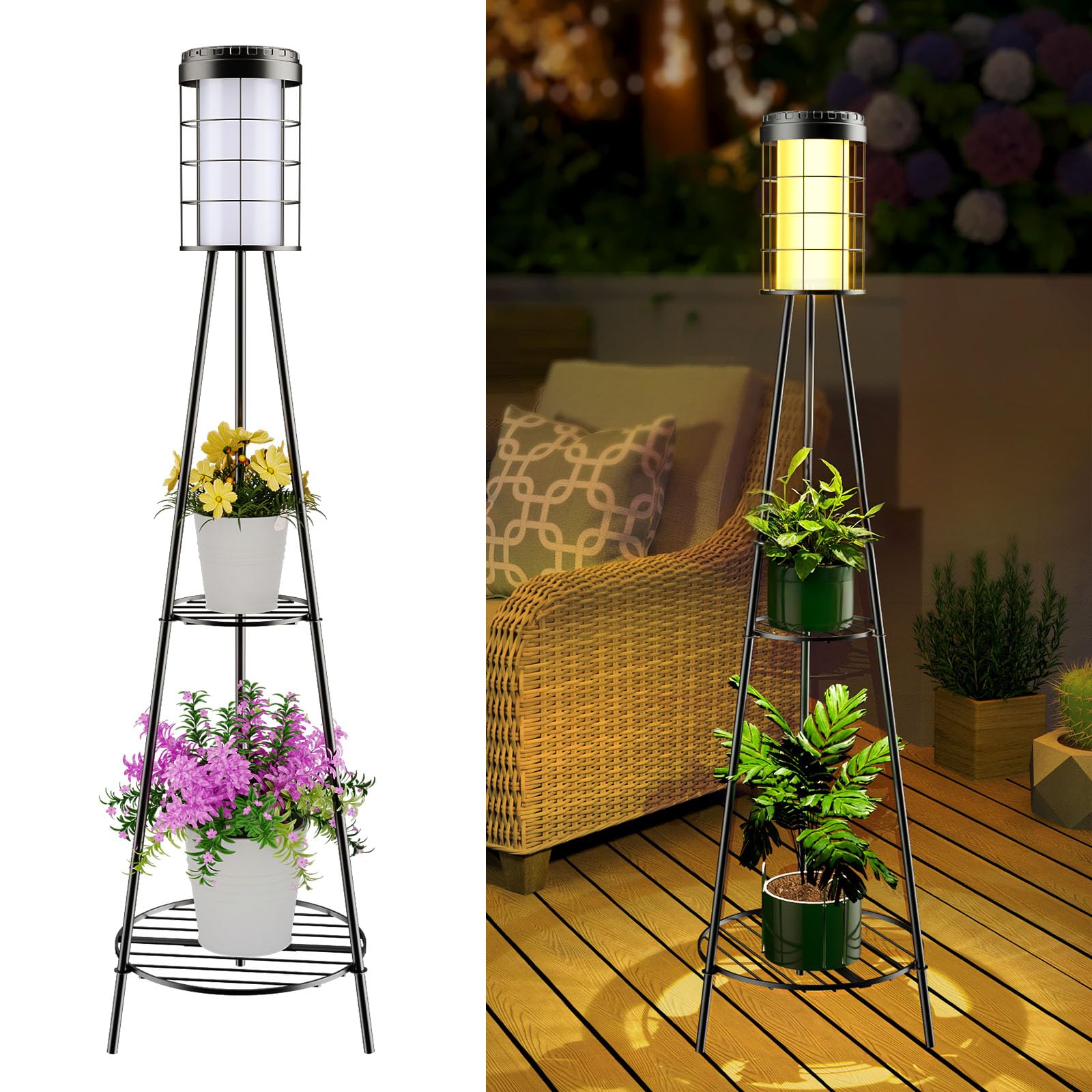ROSHWEY Solar Lights Outdoor with 2 Tier Plant Stand, 2 Pack Solar ...