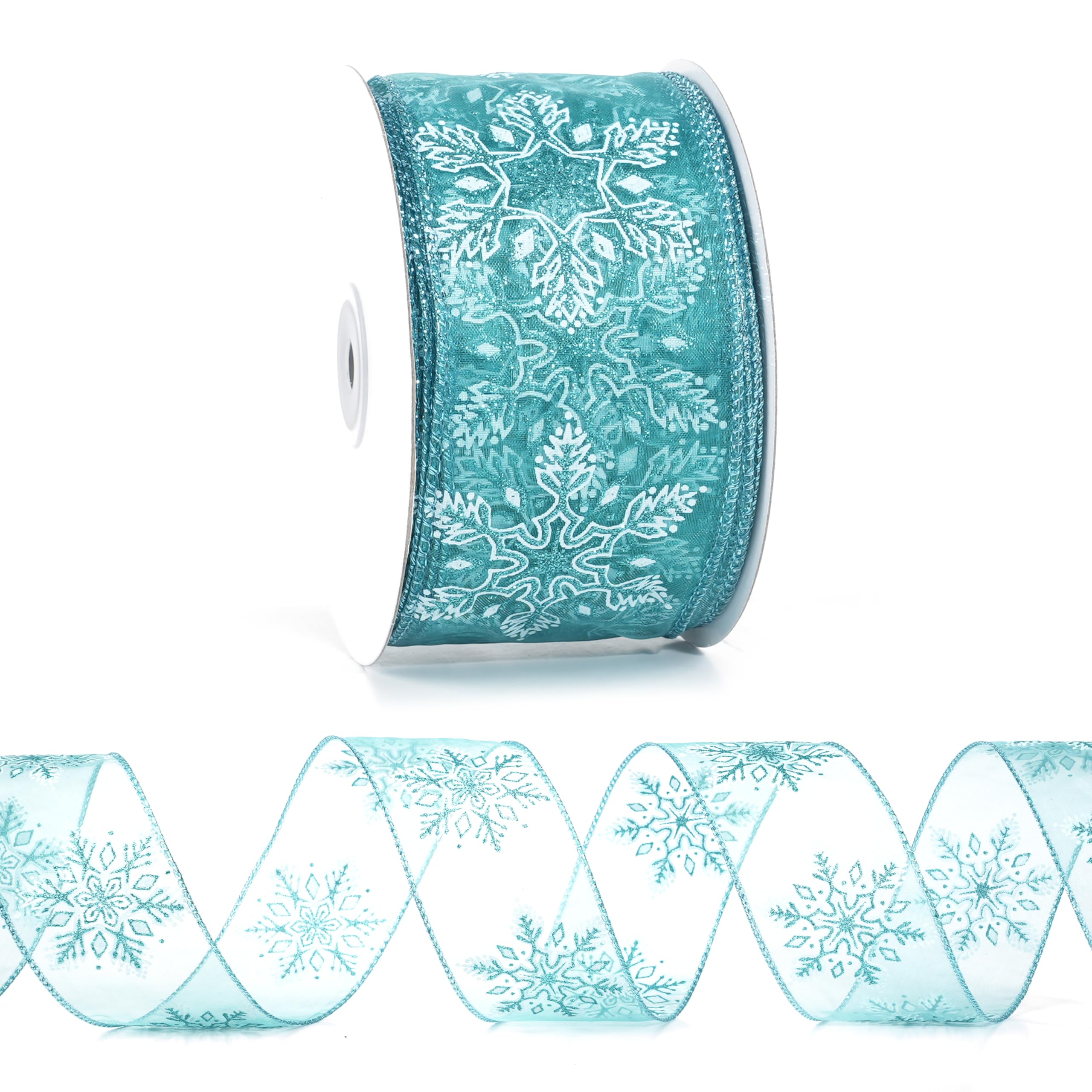 Amazon.com: DINDOSAL Teal Organza Glitter Snowflake Wired Ribbon 2.5" X ...