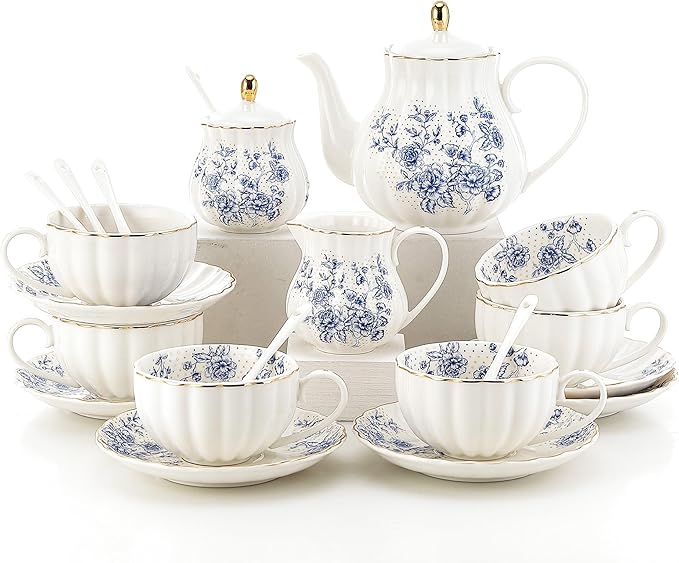 Amazon.com | Bloosnow 22 Pieces Porcelain White Tea Sets for Adult,Gold ...