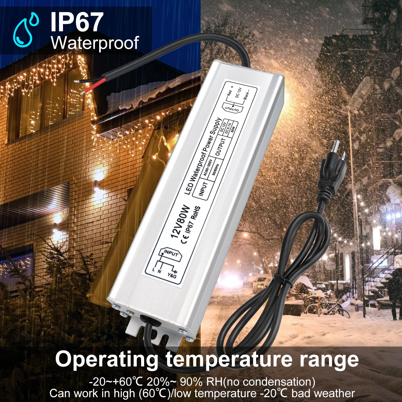 Snapklik.com : inShareplus 12V LED Power Supply, 80W IP67 AC 110-260V ...