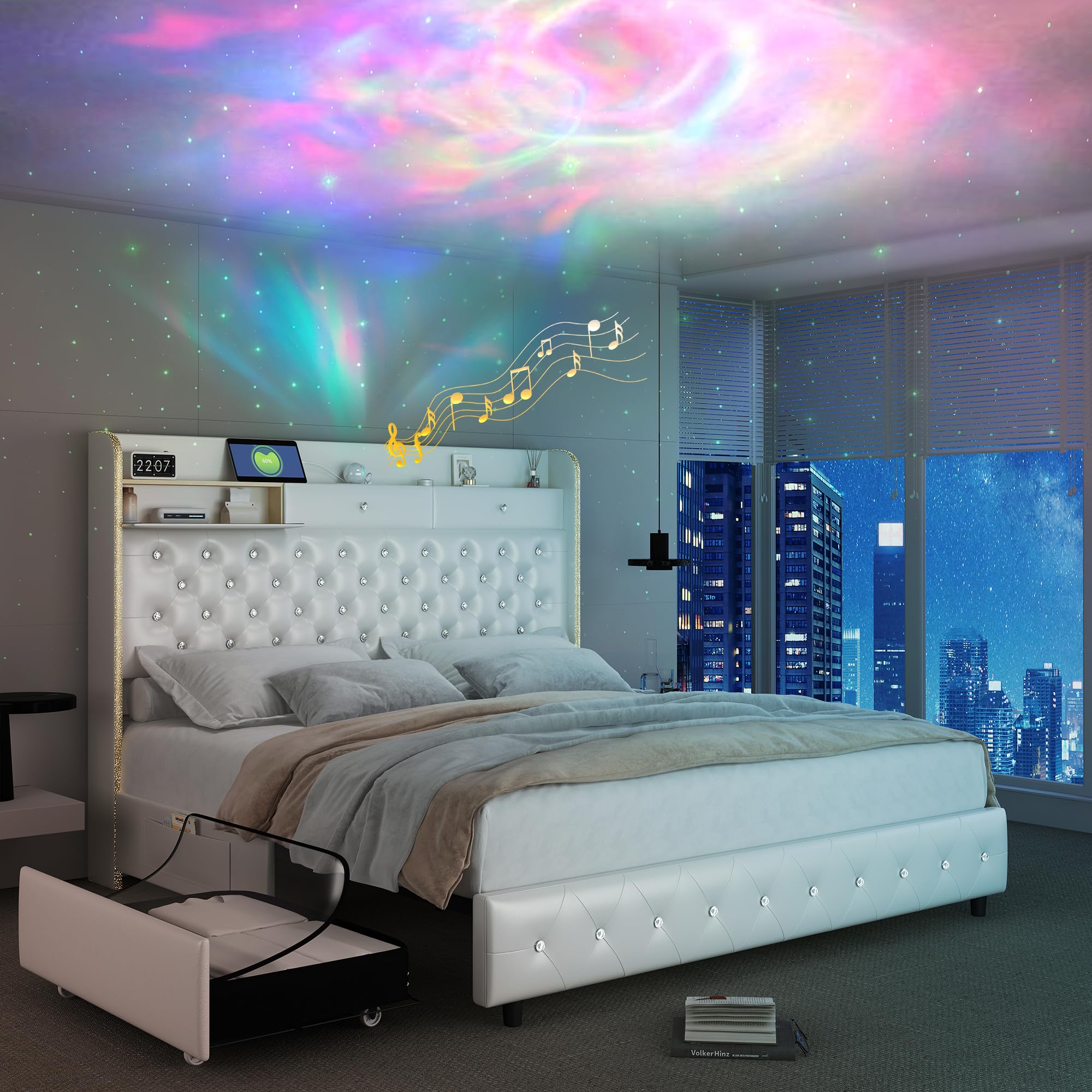 Amazon.com: Queen Led Bed Frame with Galaxy Aurora Star Projector ...