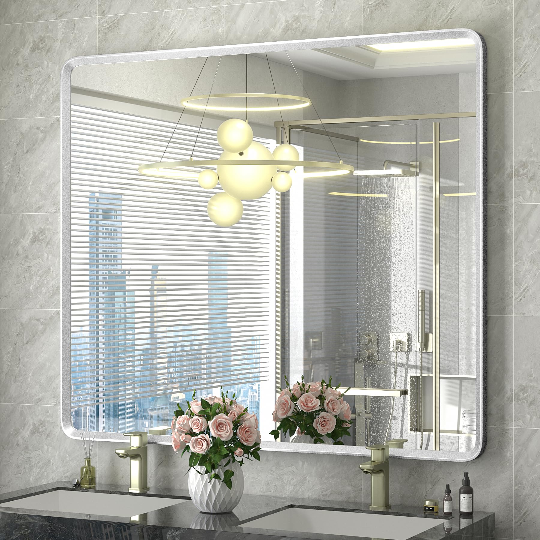 Amazon.com: GOLOMO 40x36 Inch Nickel Bathroom Mirror for Wall, Rounded ...