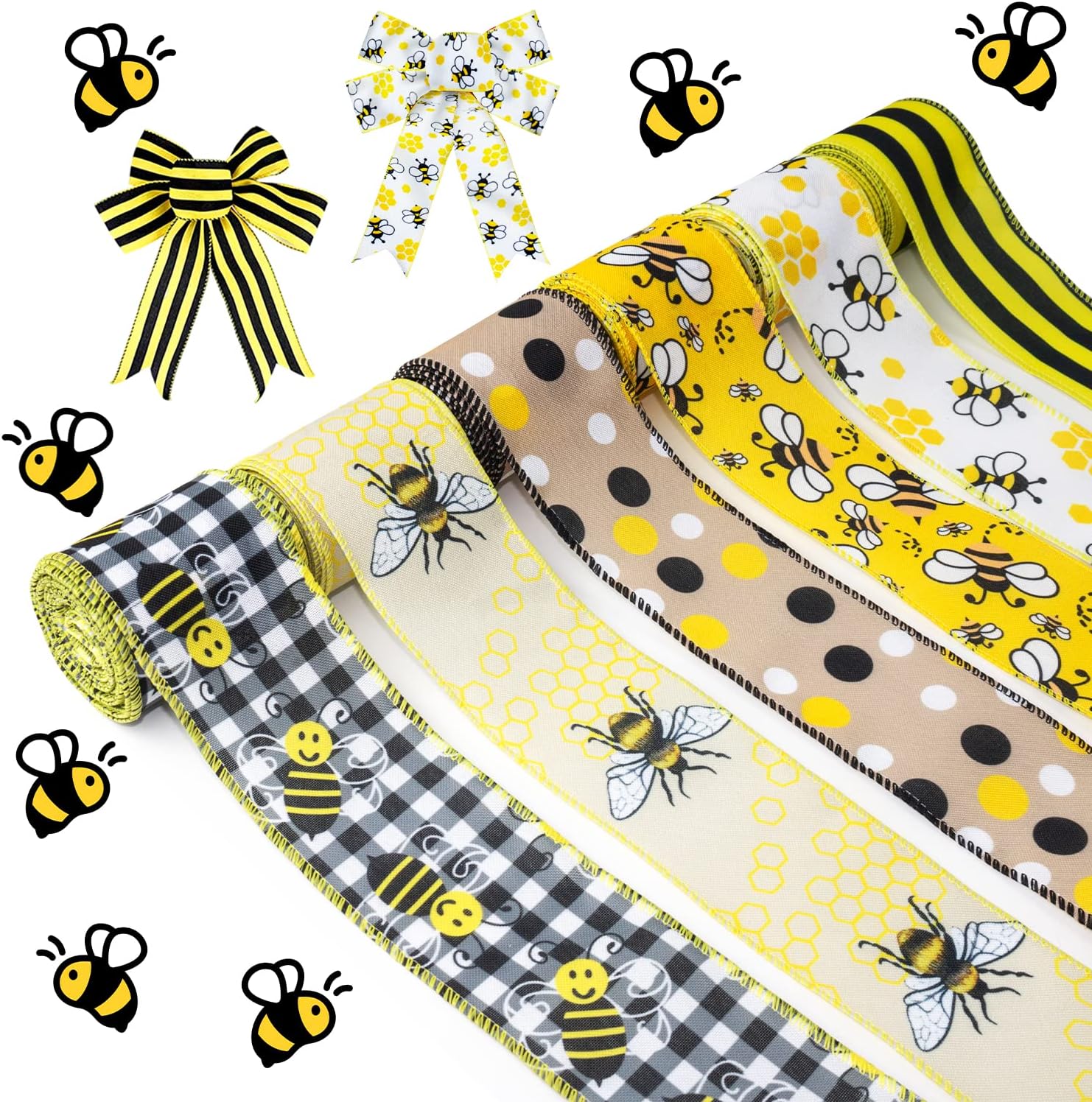Amazon.com: Generic AnyDesign 4 Rolls Honey Bee Wired Ribbon 2.5 Inch ...