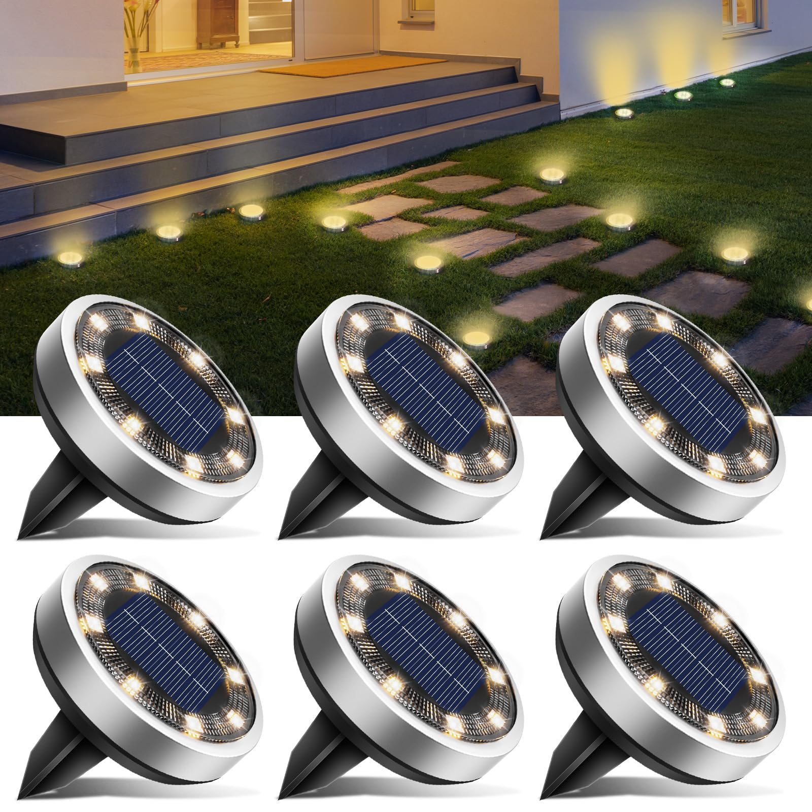 btfarm 6 Pack Solar Ground Lights Outdoor, 8 LED Flat Solar Lights ...