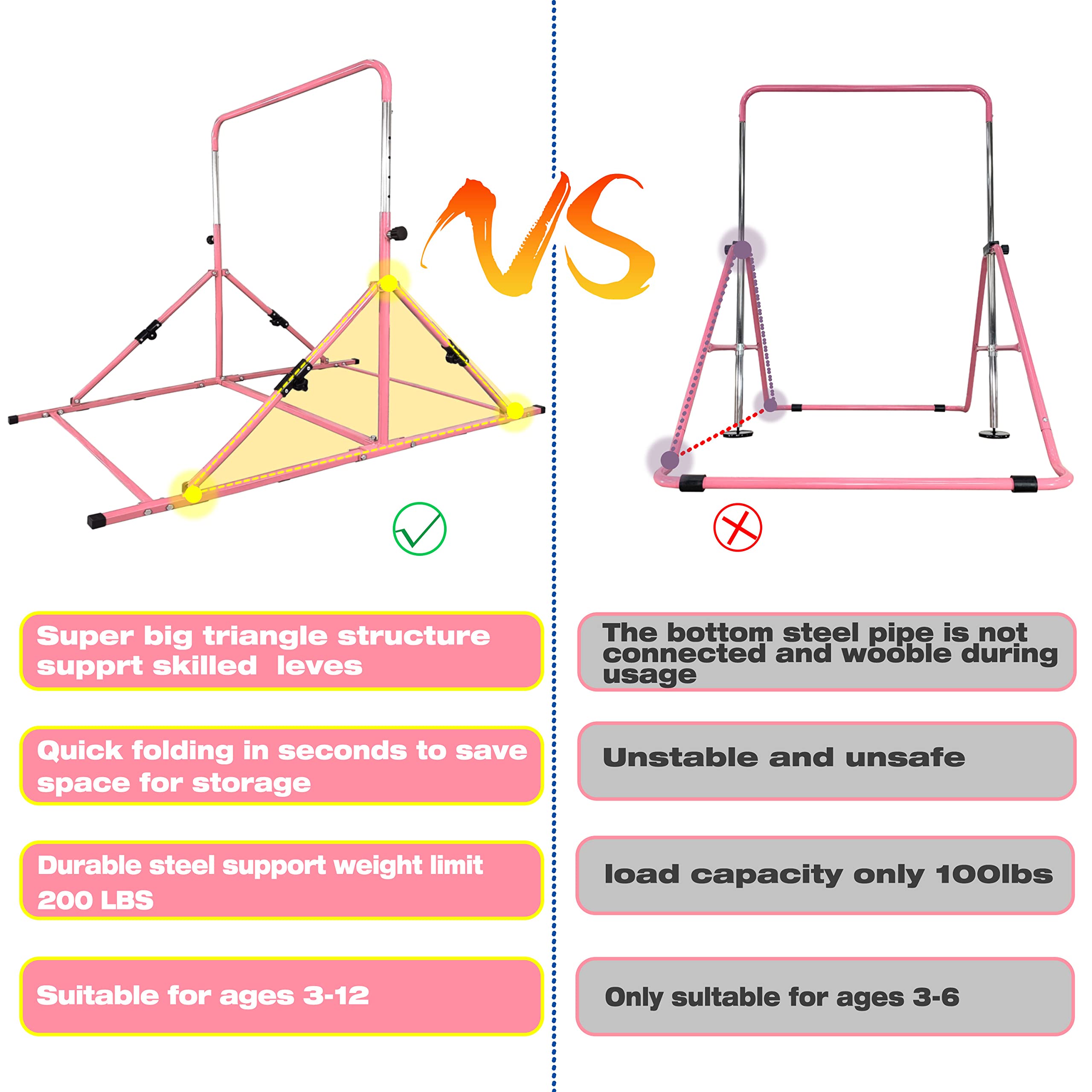 Seliyoo fodable Gymnastic kip bar, Gymnastics bar for Kids Ages 3-12 ...