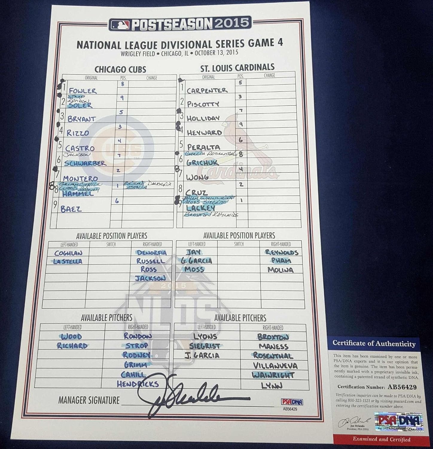 JOE MADDON SIGNED REPLICA LINE-UP CARD CUBS v CARDINALS NLDS CLINCHER ...