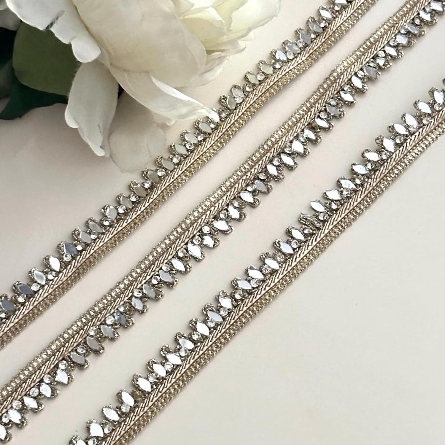 Amazon.com: Light Gold Metallic Mirror Lace with Crystal Rhinestone ...