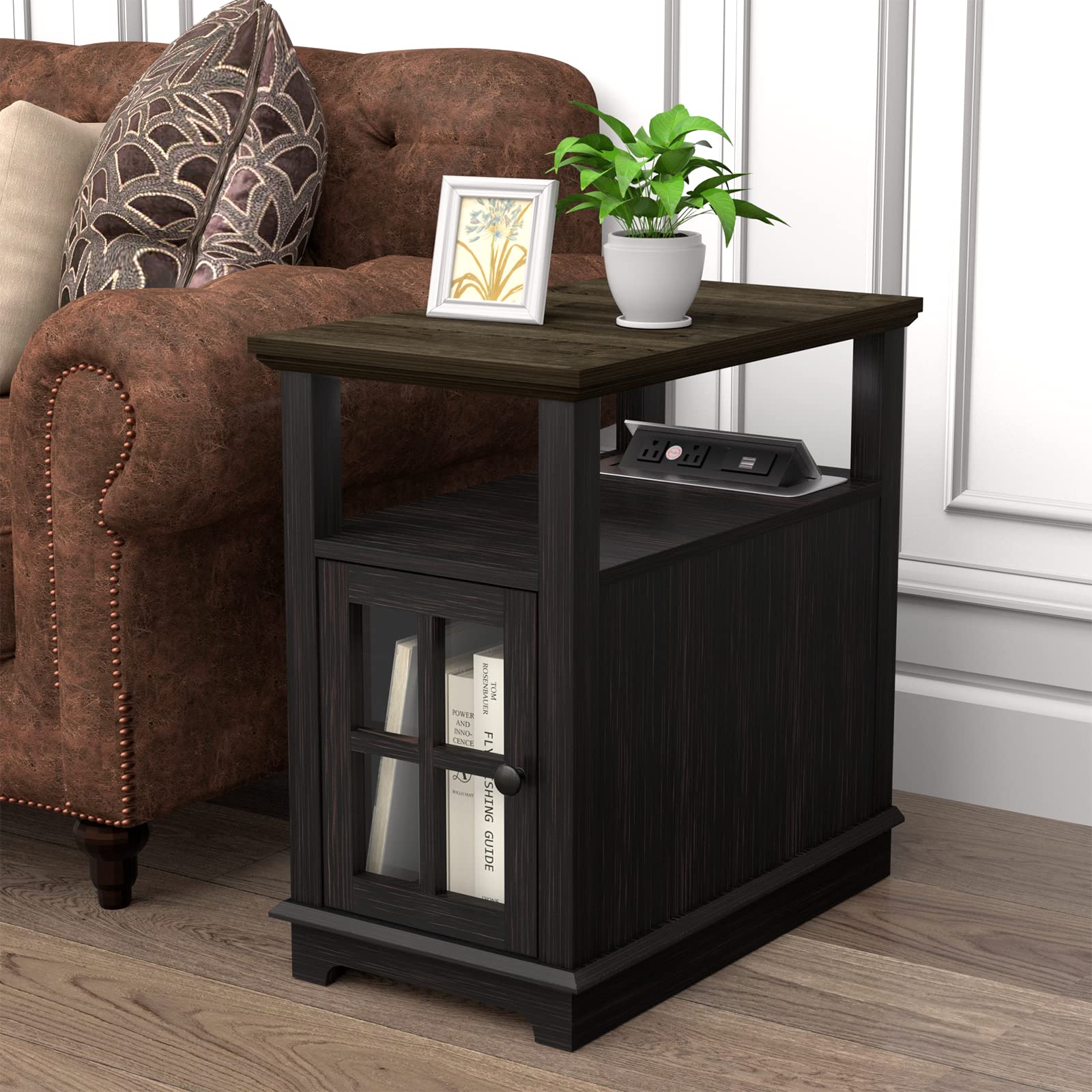 HIFYOBRO End Table with Hidden Charging Station, Narrow Side Table with ...