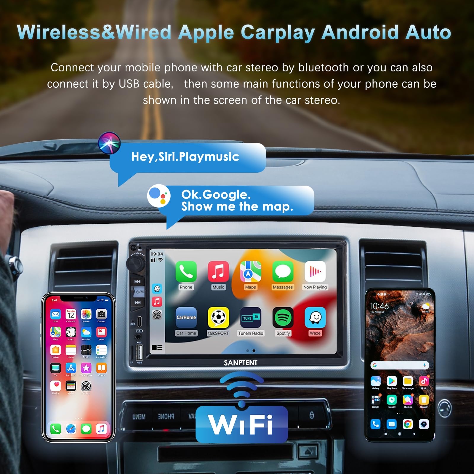SANPTENT Double Din Car Stereo with Wireless Apple CarPlay & Android ...