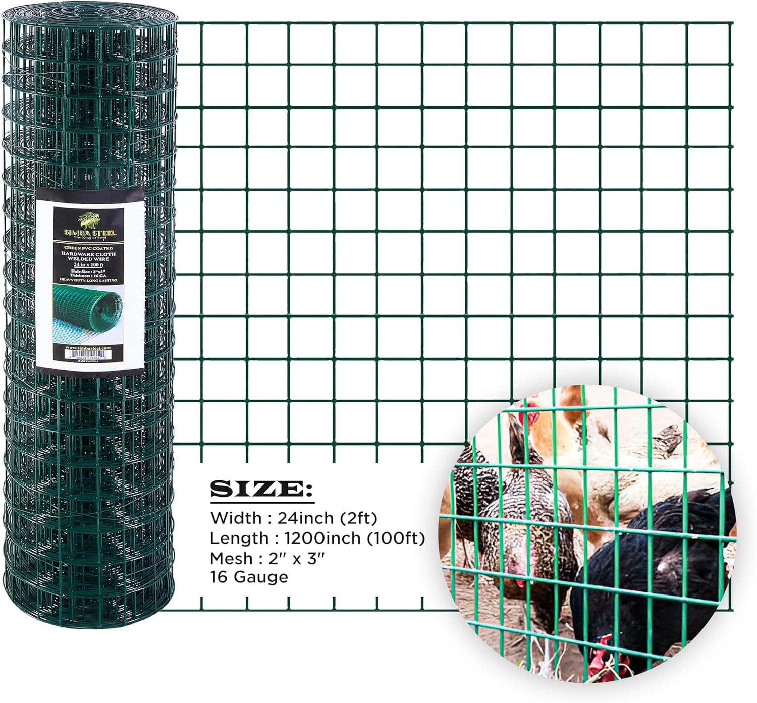 SIMBA STEEL - 24” x 100 FT Green Hardware Cloth, 2" x 3" Mesh, 16 Gauge ...
