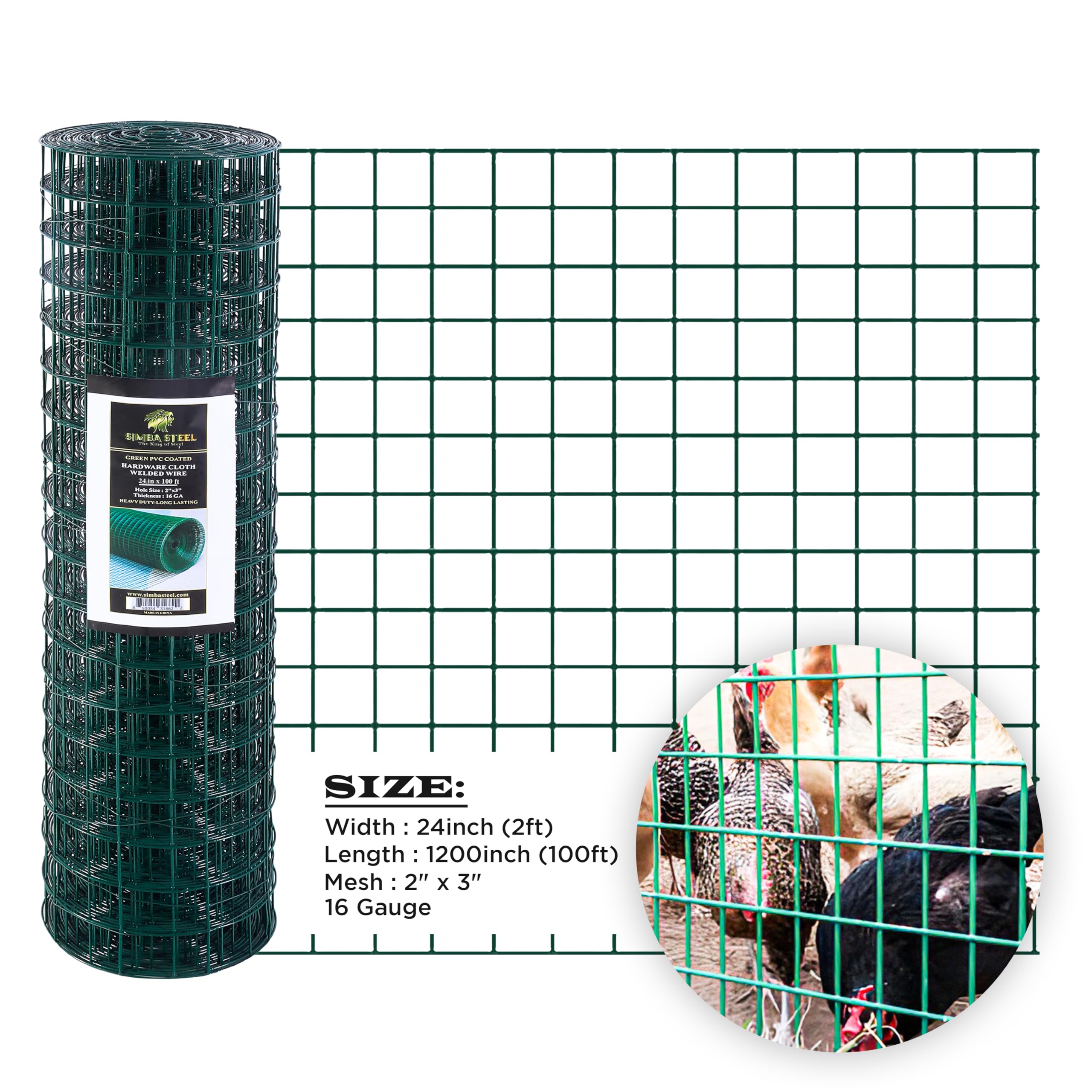 SIMBA STEEL - 24” x 100 FT Green Hardware Cloth, 2" x 3" Mesh, 16 Gauge ...
