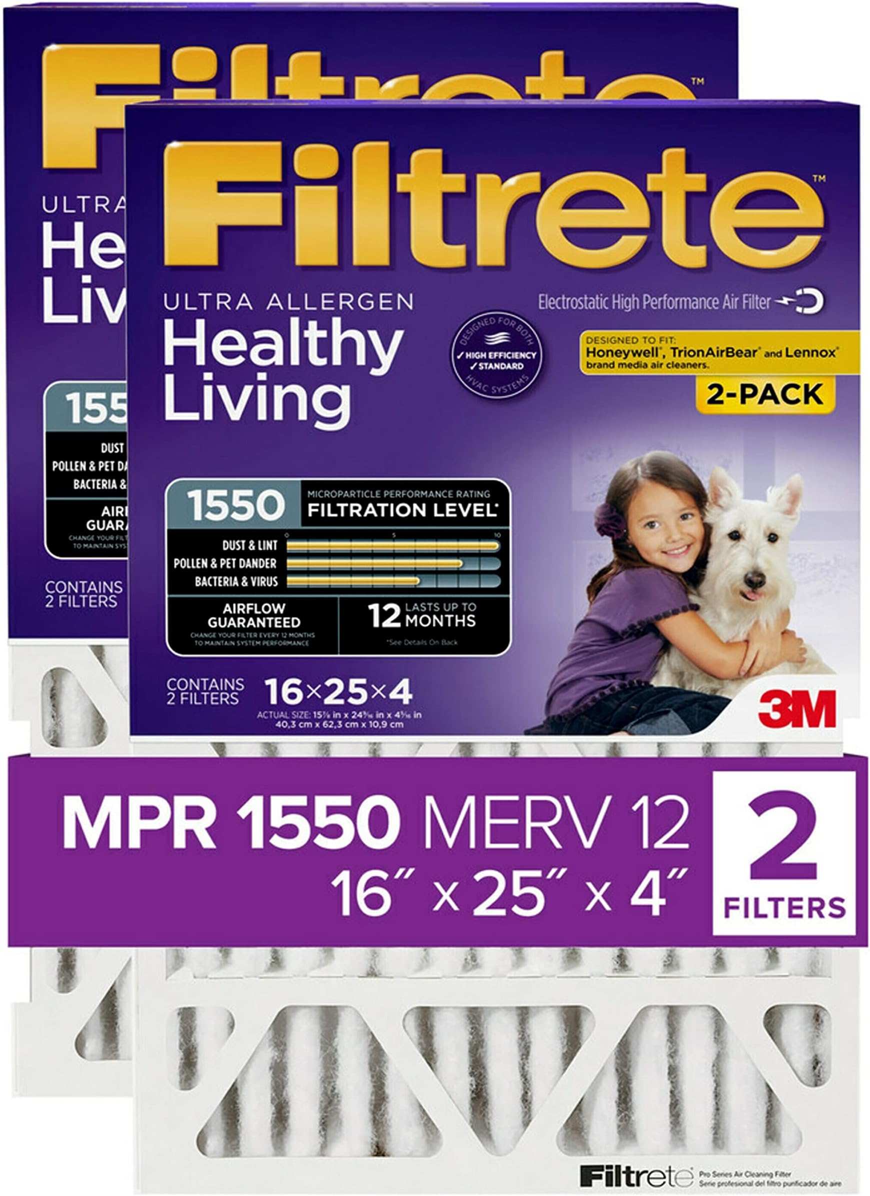 Filtrete 16x25x4, AC Furnace Air Filter, MPR 1550 DP, Healthy Living ...