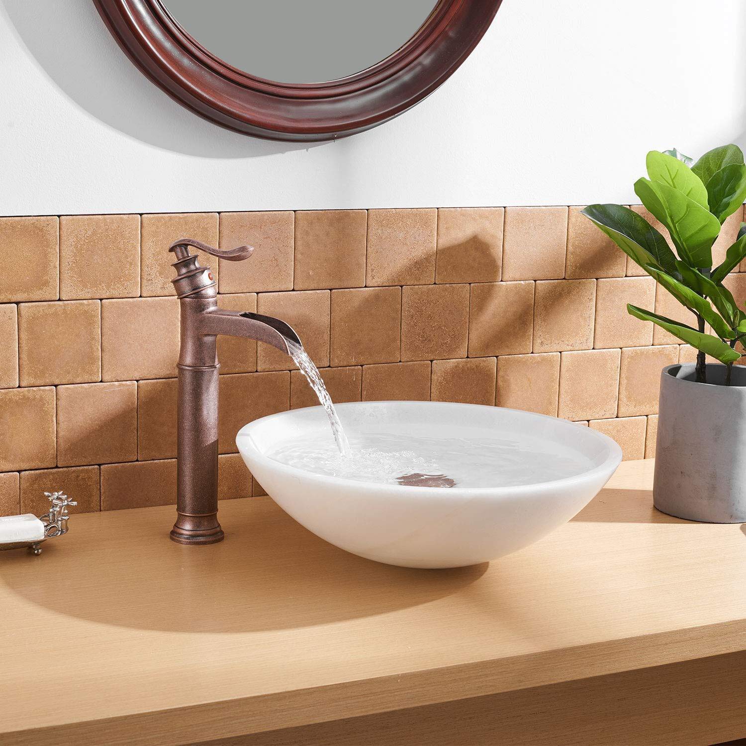 BWE Vessel Sink Faucet Waterfall Antique Copper Single Hole with Pop Up ...