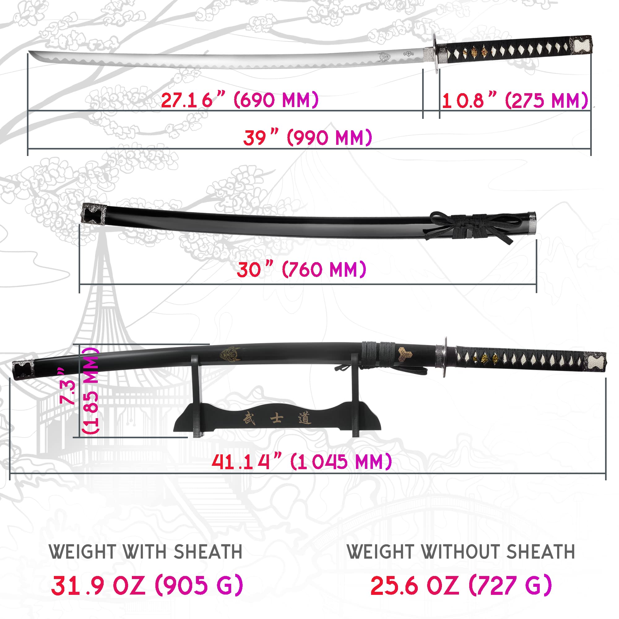 Japanese Katana Samurai Sword - 39 inch Length Katana - 27.16" Carbon ...