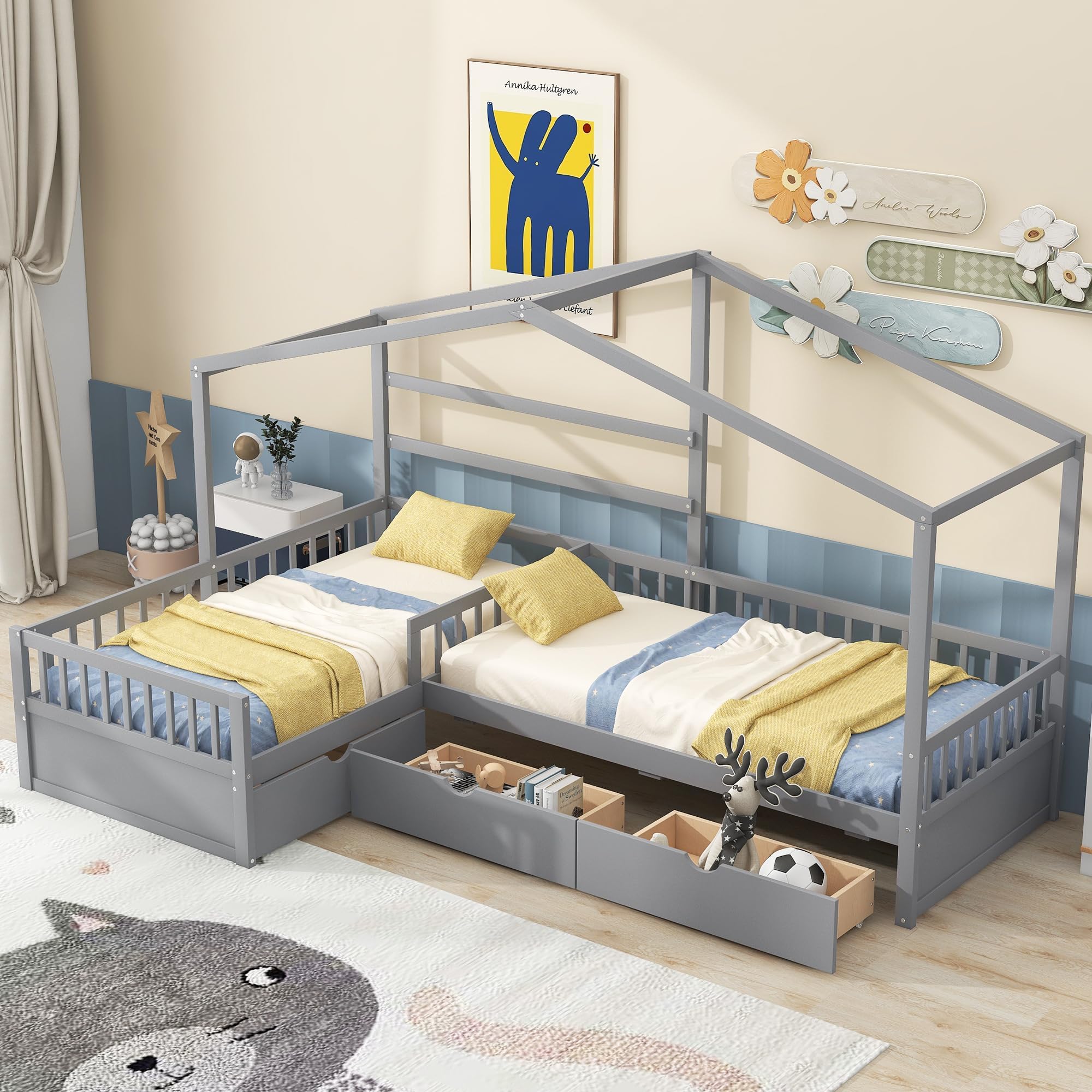 Amazon.com: MERITLINE Twin House Bed with Storage Drawers, Wooden ...