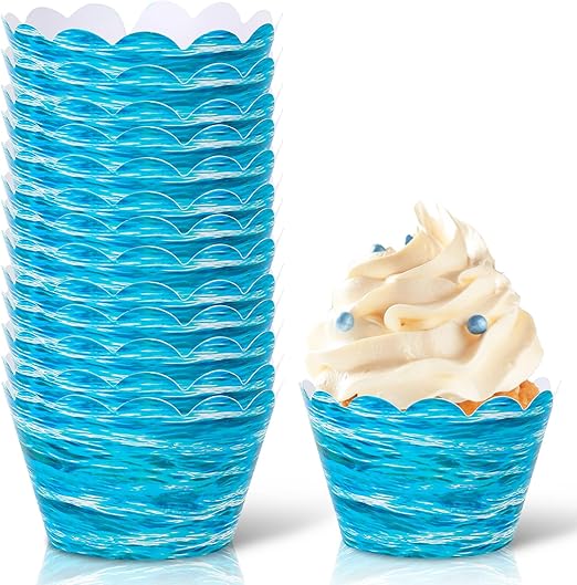 Amazon.com: Whaline 48Pcs Ocean Wave Cupcake Wrappers Blue Sea Waves ...