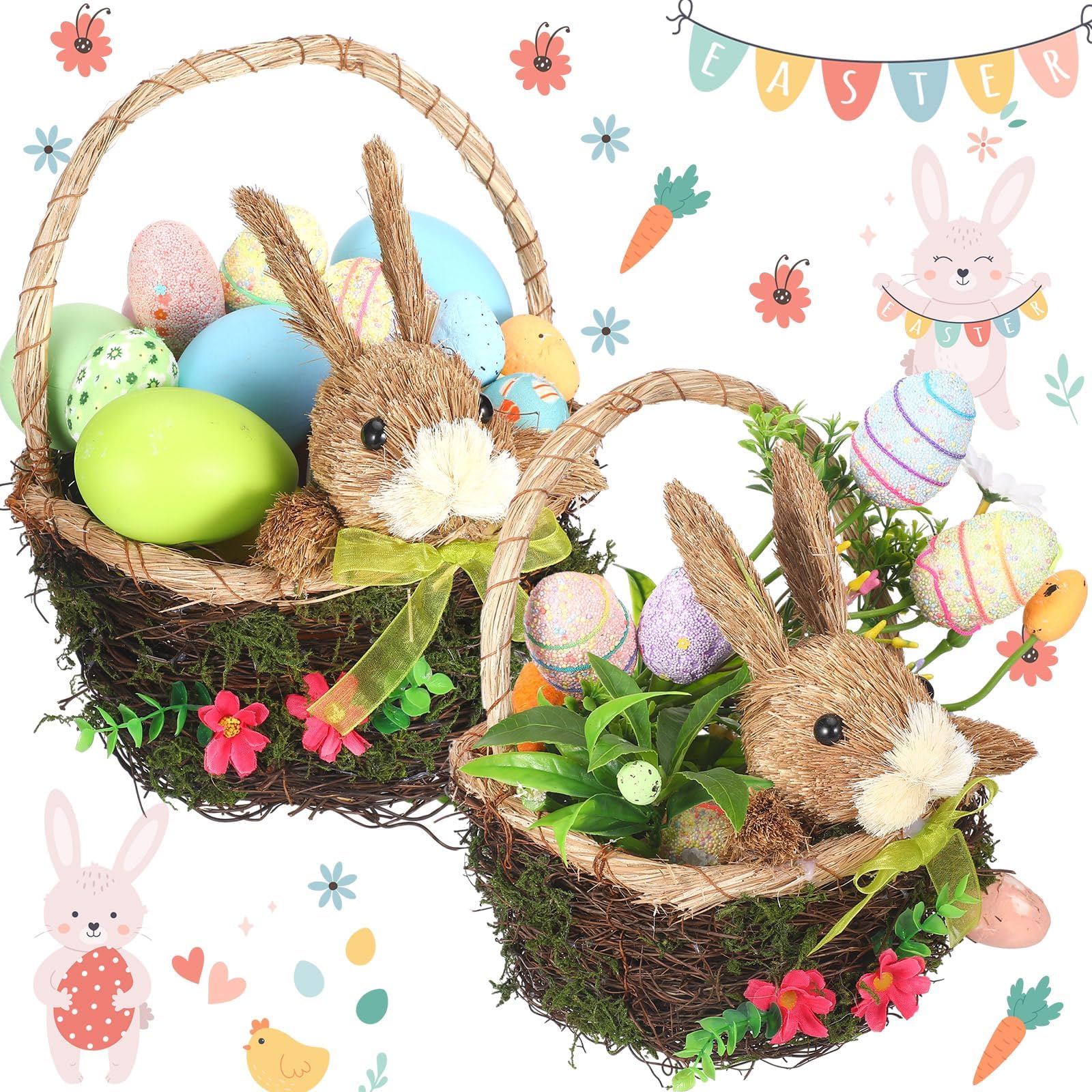 Amazon.com: SiliFine 2 Pack Easter Basket Woven Bunny Basket with ...