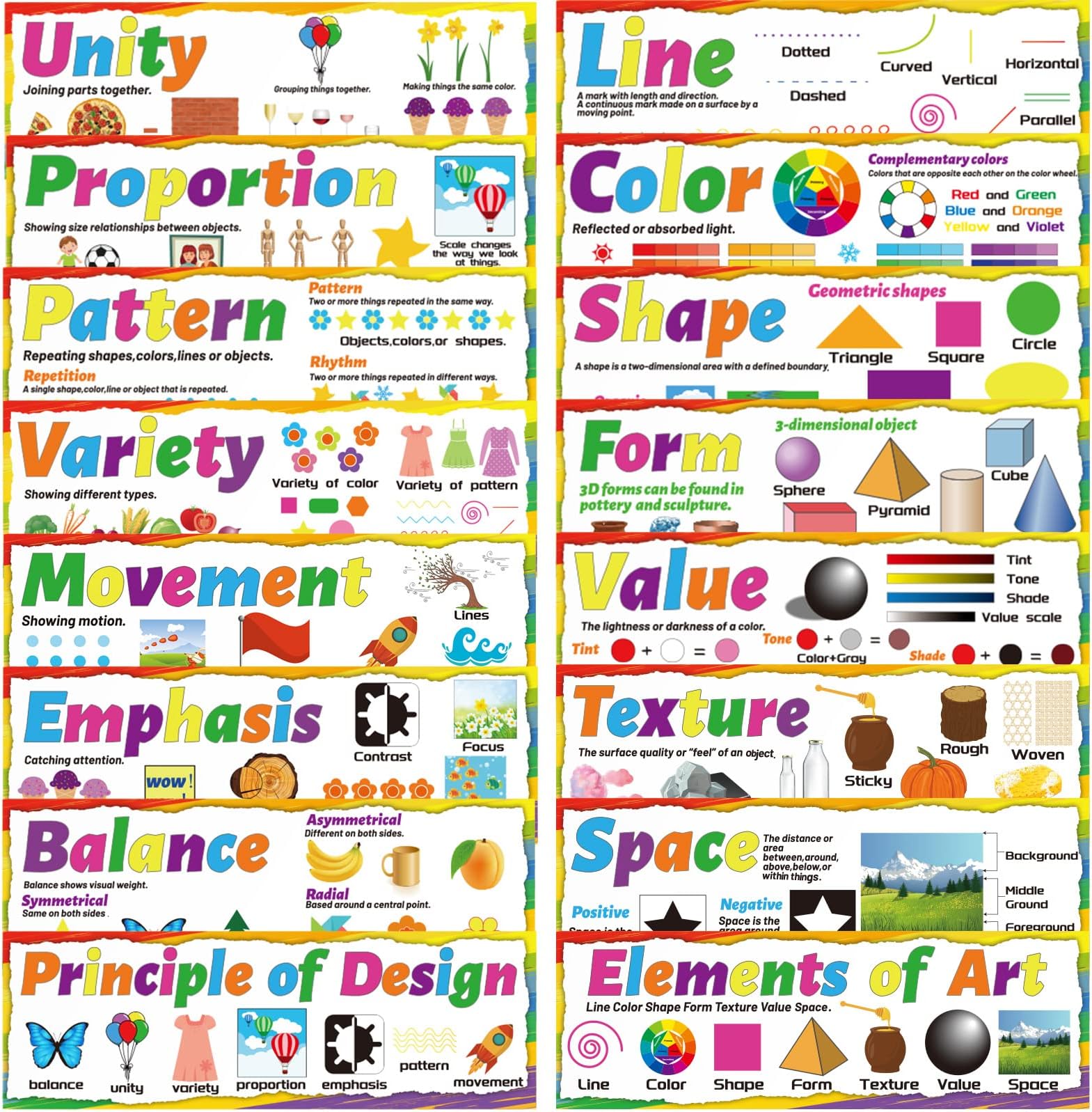 Amazon.com : Elements of Art Principles of Design 16 Art Posters 7 x 17 ...