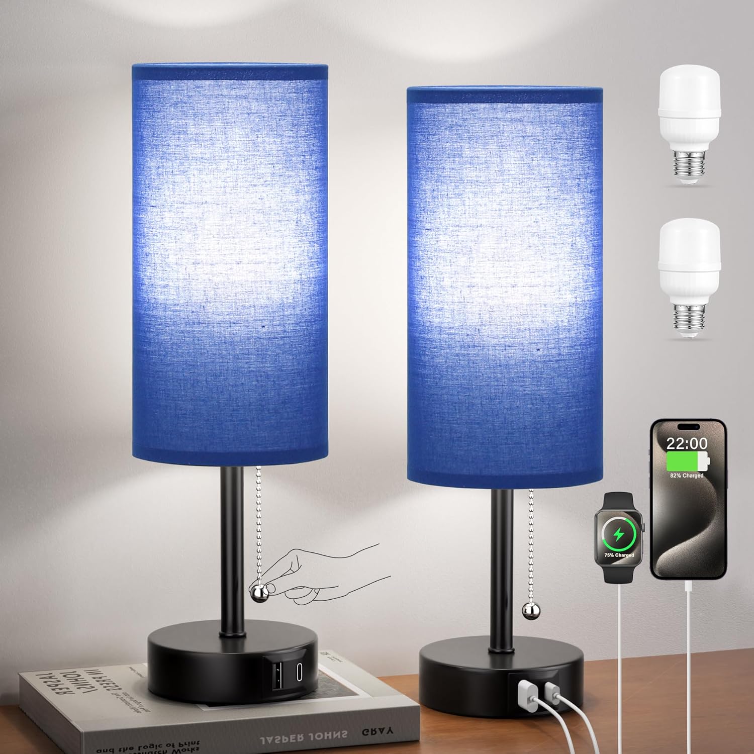 Blue Bedside Lamps for Bedroom Set of 2 - Nightstand Table Lamp with ...