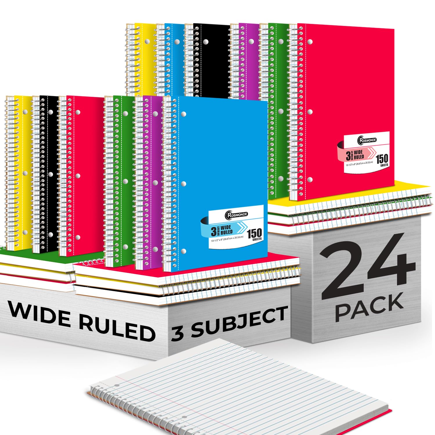 Amazon.com : Rosmonde 24 Pack 3 Subject Spiral Notebook Wide Ruled ...