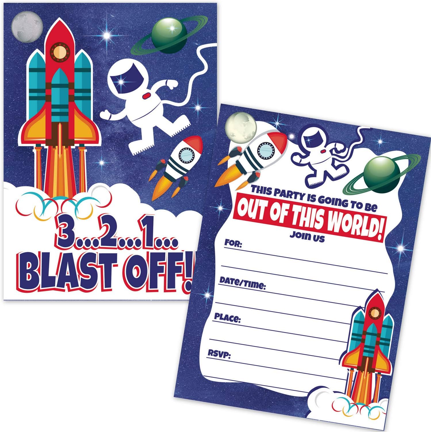 Amazon.com : Haizct 15 Pack Rocket Ship Birthday Party Invitations With ...