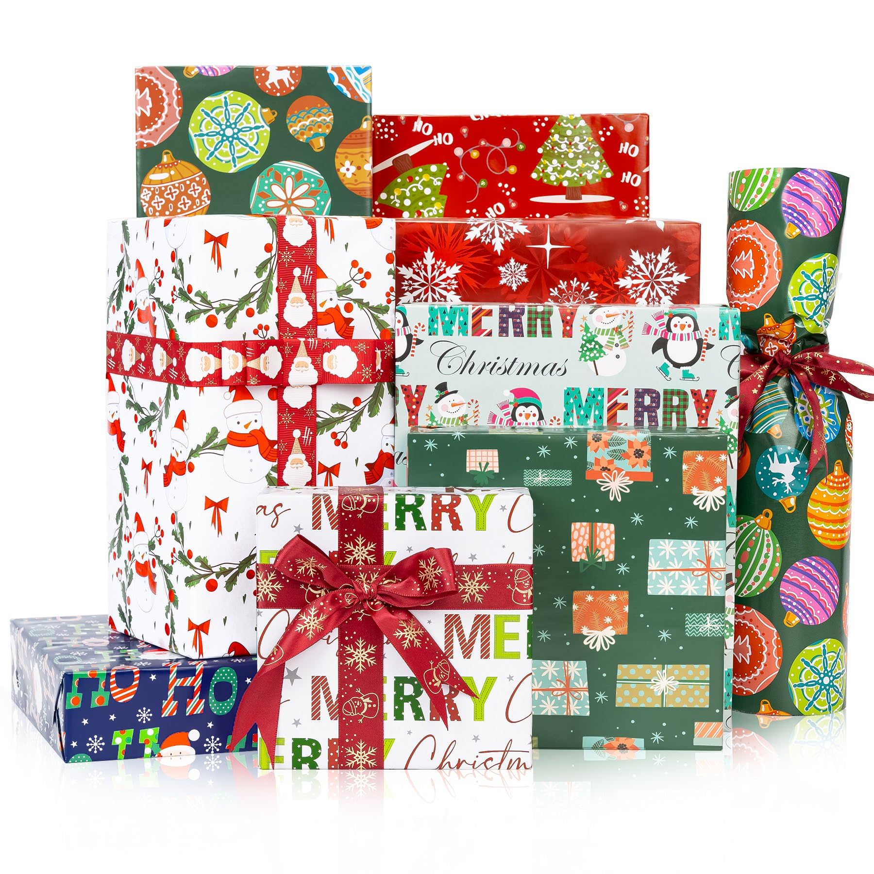 Larcenciel Christmas Wrapping Paper 8 Sheets, Cute Cartoon Wrapping ...