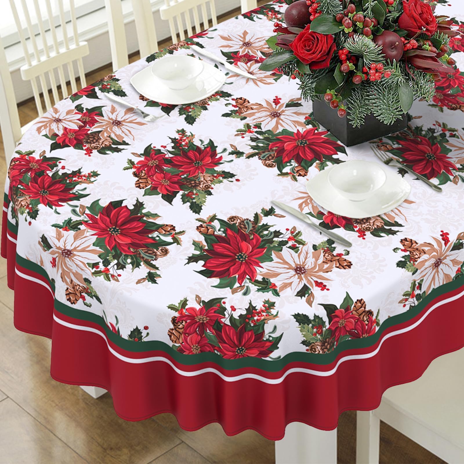 Amazon.com: Elrene Home Fashions Holly Traditions Fabric Tablecloth, 60 ...