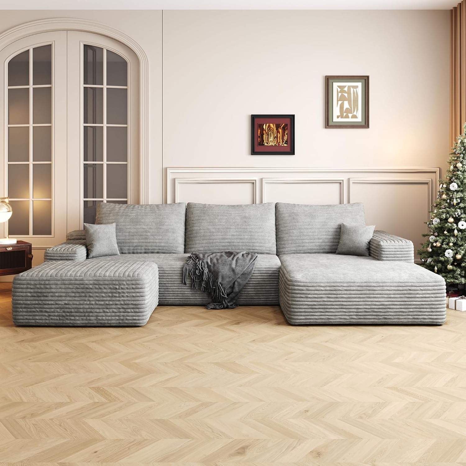 Amazon.com: 107" U Shaped Corduroy Couch with Ottoman, Compression ...