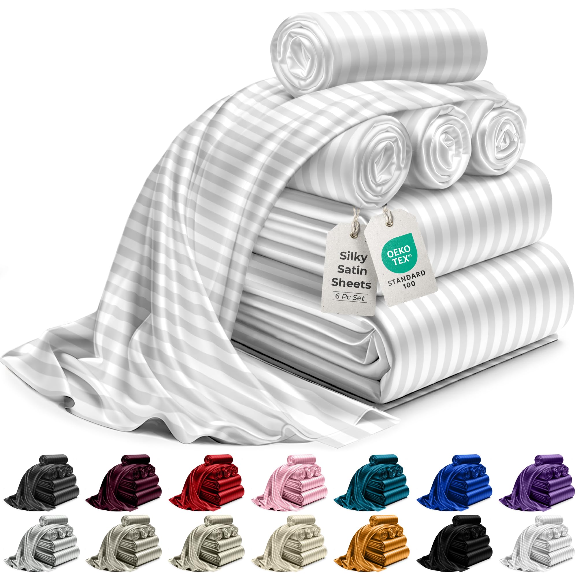 Amazon.com: DECOLURE Striped Satin Sheet Queen Set 6pc - Luxurious Silk ...