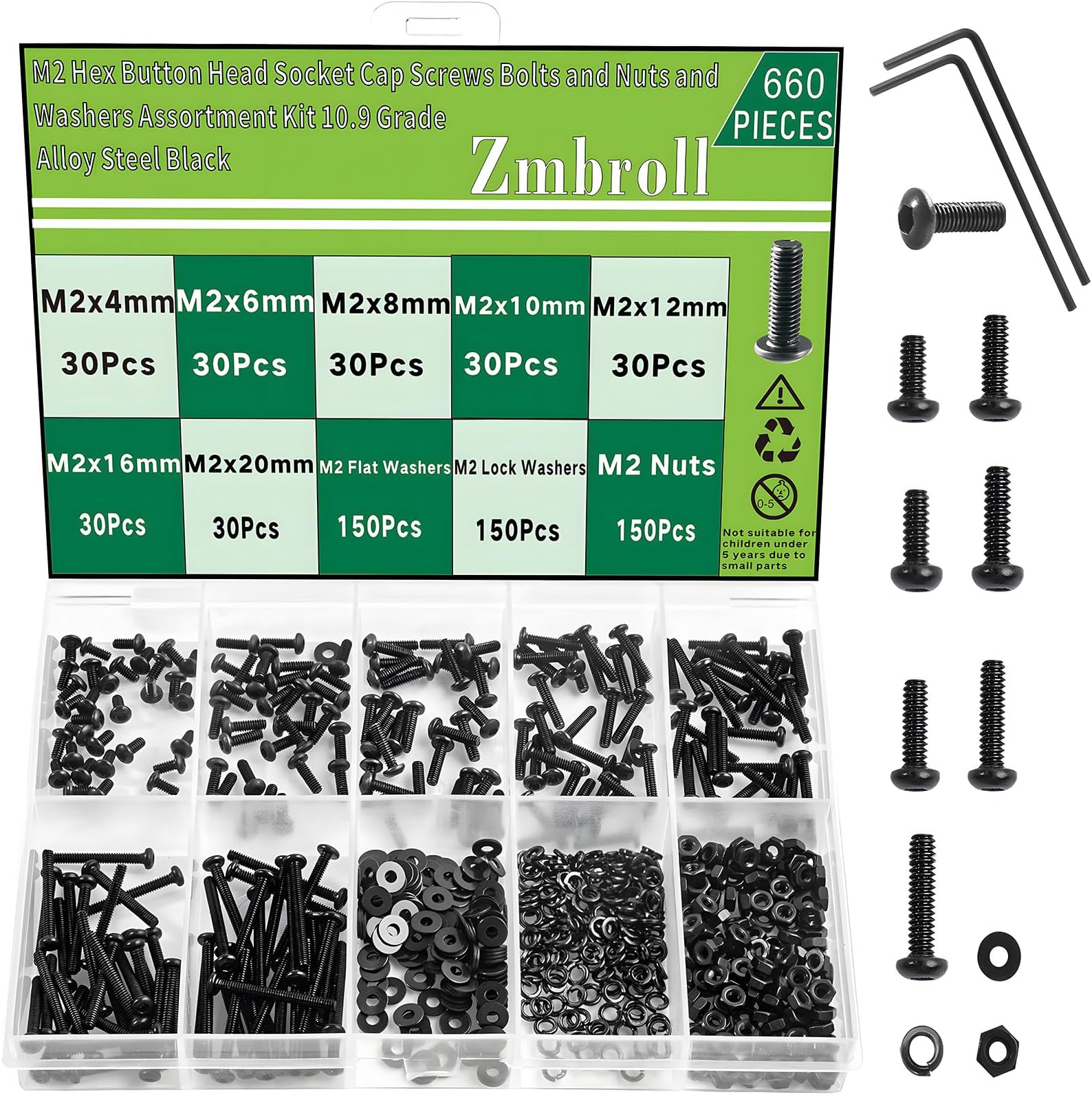 Zmbroll 660Pcs M2 Button Head Hex Socket Cap Screws Fully Threaded ...
