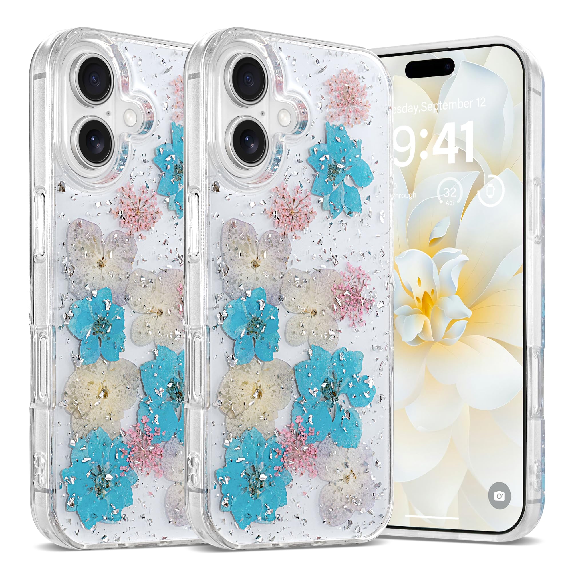 Amazon.com: rongki Floral Case for iPhone 16 Clear Case with Real Dried Flower Patterns, Glitter ...