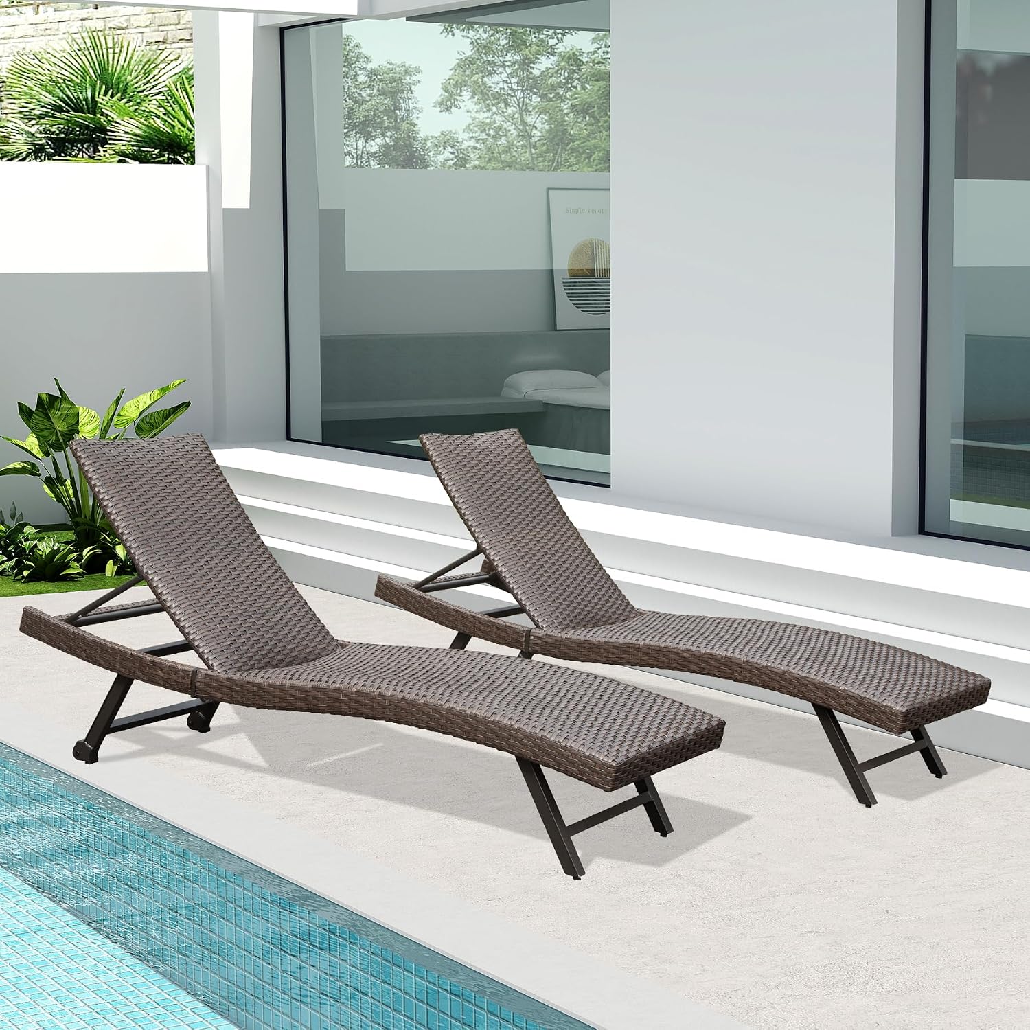 Amazon.com: Outdoor Wicker Rattan Lounge Chairs Set of 2, Pool Lounge ...