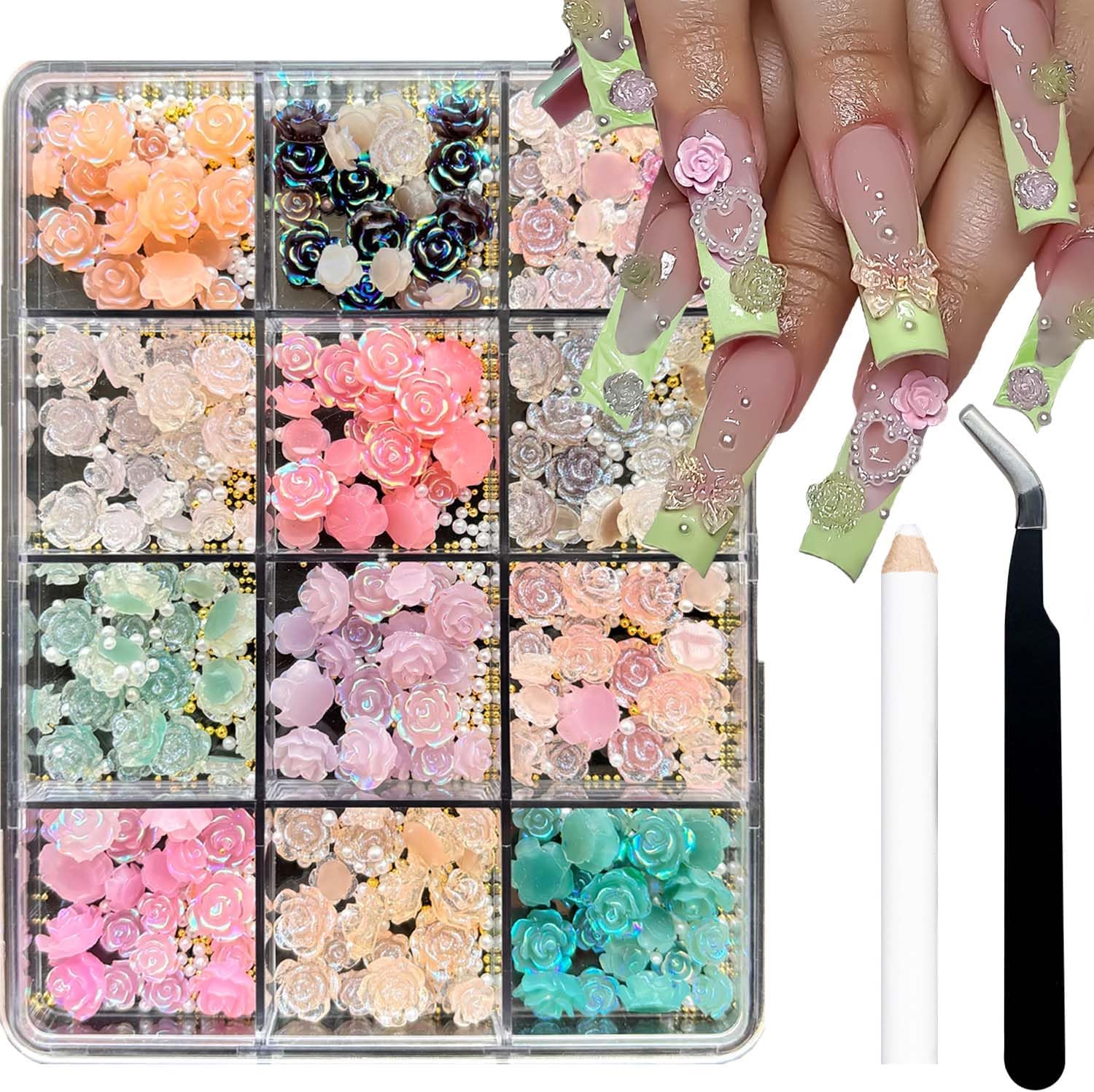 Amazon.com: 100pcs 3D Camellias Rose Flower Nail Art Charms with Nail ...